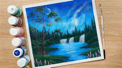 Рисуем водопад Красивый пейзаж акрилом Пошаговое рисование Youtube