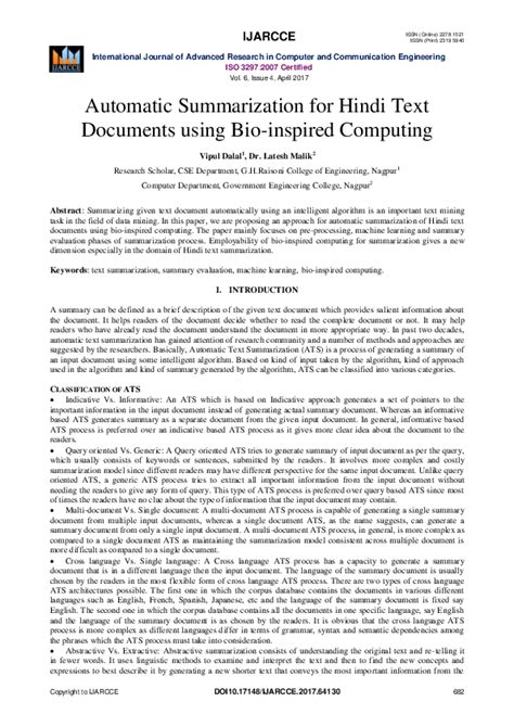 Pdf Automatic Summarization For Hindi Text Documents Using Bio