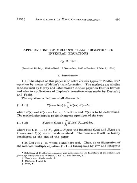 Fox Applications Of Mellins Transformation To Integral Equations Proc London Math Soc Vol