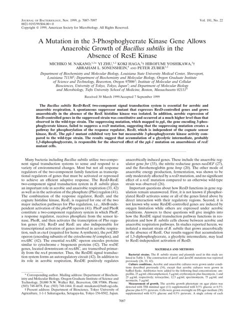Pdf A Mutation In The 3 Phosphoglycerate Kinase Gene Allows Anaerobic Growth Of Bacillus