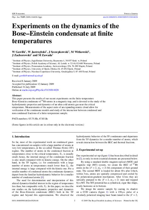 Pdf Experiments On The Dynamics Of The Bose Einstein Condensate At Finite Temperatures