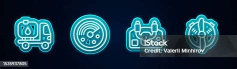 세트 라인 연료 탱커 트럭 모니터에 표적이 있는 레이더 항공기 조타 장치 및 비행기 프로펠러 빛나는 네온 아이콘입니다 벡터 가솔린에 대한 스톡 벡터 아트 및 기타 이미지