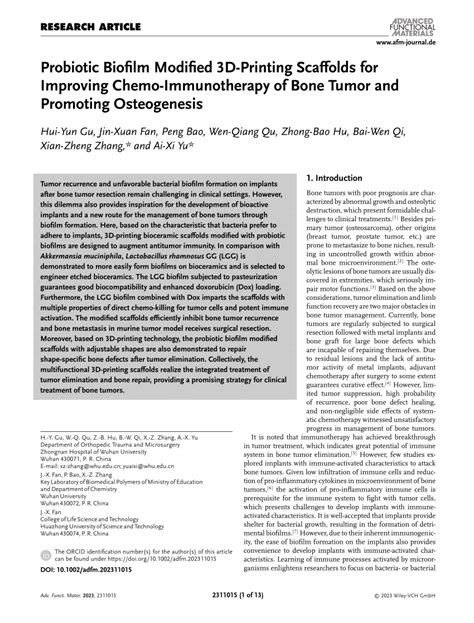 Probiotic Biofilm Modified 3d‐printing Scaffolds For Improving Chemo‐immunotherapy Of Bone Tumor