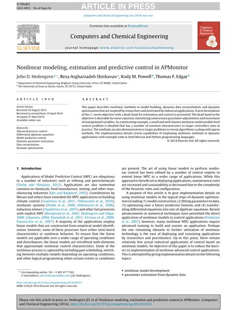 Pdf Nonlinear Modeling Estimation And Predictive Control In Apmonitor