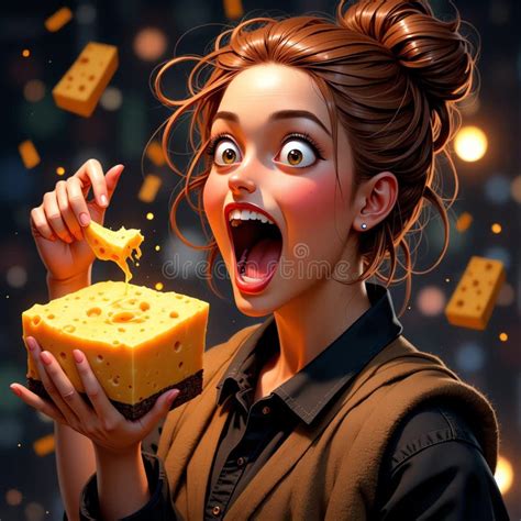 Excited Woman Holding A Melted Cheese Block With Joyful Expression