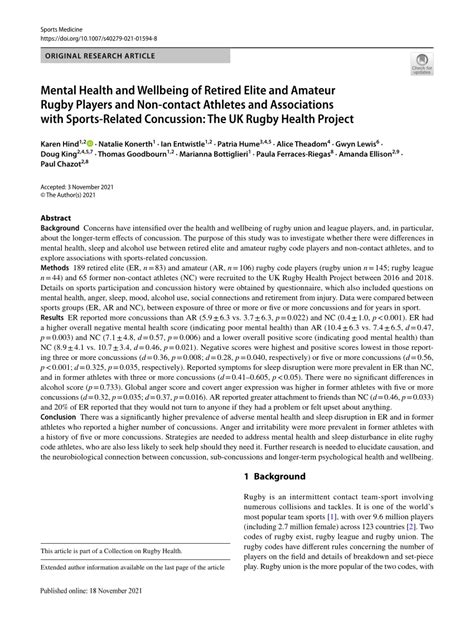 Pdf Mental Health And Wellbeing Of Retired Elite And Amateur Rugby