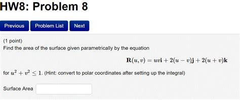 solved find the area of the surface given parametrically by