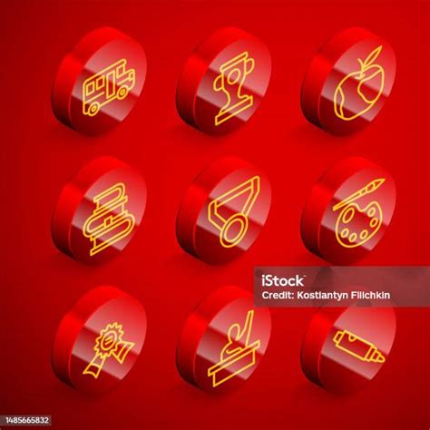 라인 스쿨 버스 보너스 컵 사과 책 메달 팔레트가 있는 페인트 브러시 남자 아이가 손을 들고 있는 아이콘을 설정합니다 벡터 1에