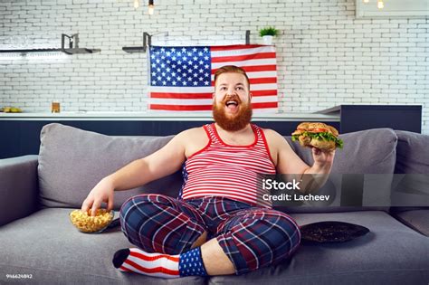 두꺼운 재미 있는 사람에 대 한 소파에 앉아 햄버거를 먹고는 지방 영양소에 대한 스톡 사진 및 기타 이미지 지방 영양소 미국 미국 문화 Istock