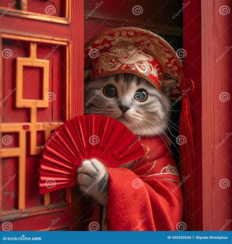 Kitten Wearing Chinese Costume With Cap Holding A Chinese Red Traditional Fan With Ancient