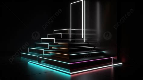 조명이 켜진 3d 블랙 메탈 연단 디스플레이는 어두운 제품 선반과 대조됩니다 보라색 연단 네온 연단 플랫폼 배경 배경