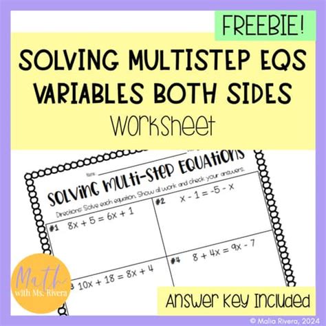 Solving Multi Step Equations Worksheet Variables On Both Sides Algebra 1 Free