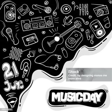 세계 음악의 날 디자인 템플릿 배경 낙서 아트 음악 아이콘이 검은 연기로 6 월 21 일에 축하 받고 있습니다 음악 캠페인을 위한 좋은 템플릿입니다 Live Event에