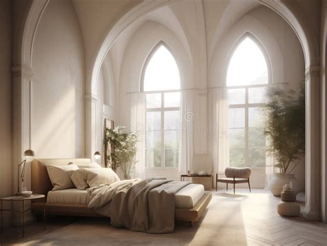 Ai Generated Illustration Of A Cozy Bedroom With Arched Windows