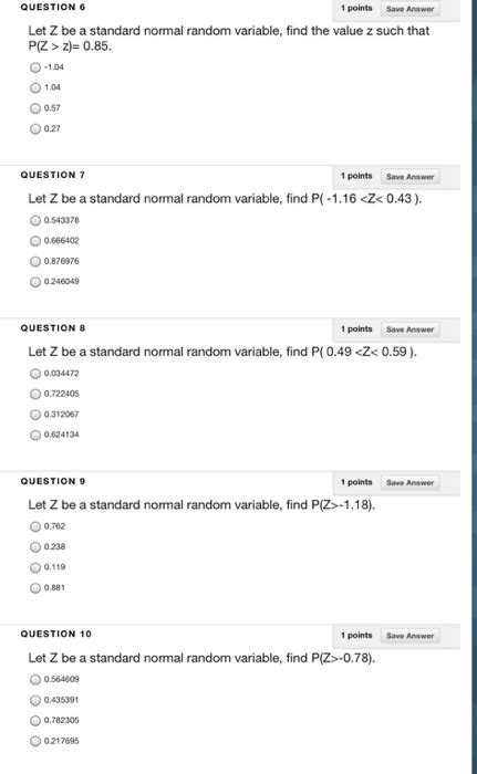 Solved QUESTION 1 1 Points Let Z Be A Standard Normal Random Chegg Com