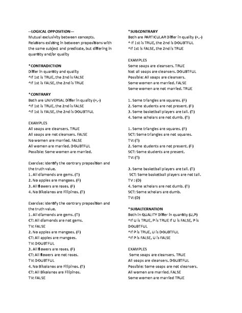 Logical Opposition Eduction And Syllogism Reviewer Logical Opposition