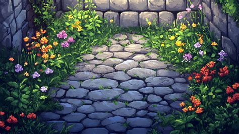Stone Pathway With Colorful Flowers And Green Grass Pixel Art Garden