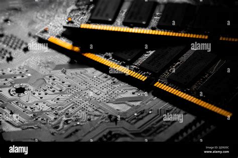 Macro Close Up Of Computer Ram Chip Random Access Memory Chip Slot For