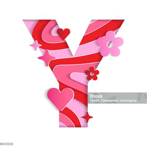 Y 알파벳 발렌타인 데이 사랑 추상 문자 글꼴 편지 종이 활기찬 꽃 심장 반짝이는 샤인 레드 핑크 산 지리 윤곽선 맵 3d 레이어 종이 컷 아웃 카드 웹 배너 벡터 일러스트