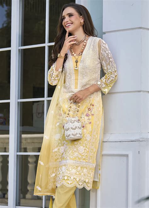 Embroidered Yellow Organza Suit Urban Womania