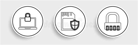 Set Line Safe Combination Lock Laptop And And Sd Card Shield Icon Vector Stock Vector