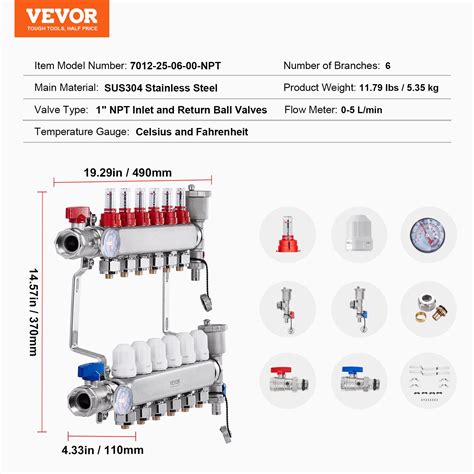 Vevor 6 Branch Radiant Heat Manifold 12 Pex Tubing Manifold