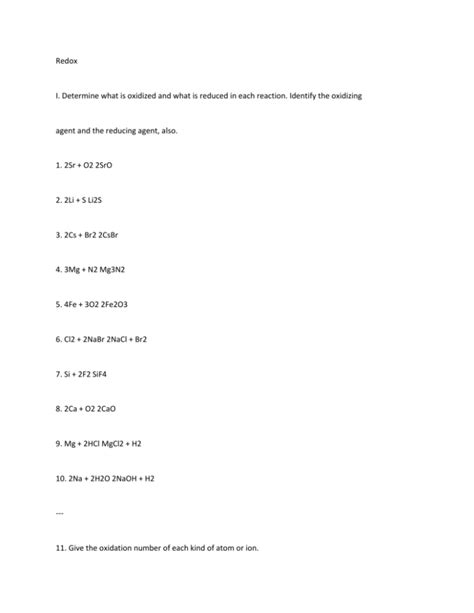 Redox Reactions Worksheet Oxidation Numbers Agents