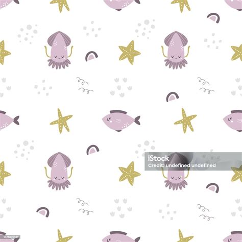 다양한 바다 생물 물고기 오징어 불가사리와 다채로운 원활한 패턴 귀여운에 대한 스톡 벡터 아트 및 기타 이미지 귀여운 그래픽 프린트 놀이 Istock