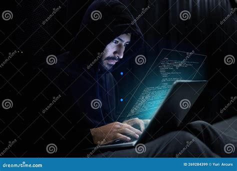 Cyber Security Crime And Hacker With Laptop Coding Malware In Data
