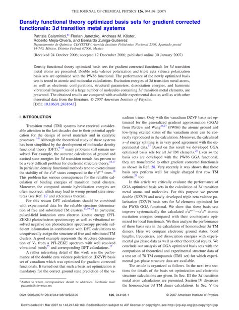 Pdf Density Functional Theory Optimized Basis Sets For Gradient Corrected Functionals 3d