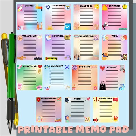 Cute Digital Notepad Printable Memo Sheets Instant Download Stationery Set 15 Sheets Fun Memo