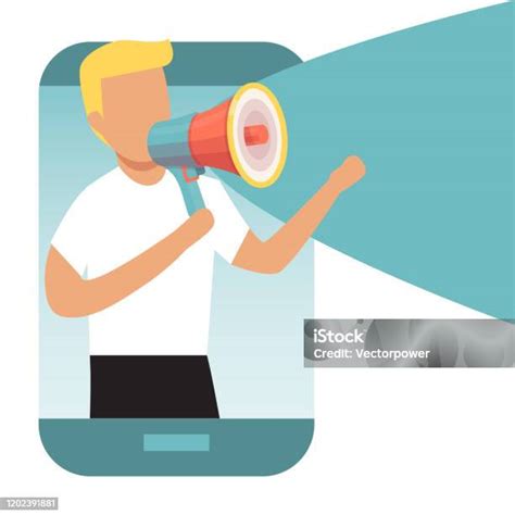 메가폰 마케팅 발표에 스마트폰에서 남자 소리 친구 개념을 참조합니다 라우드 스피커 및 추천 프로그램을 가진 남자 개념에 대한 스톡 벡터 아트 및 기타 이미지 Istock