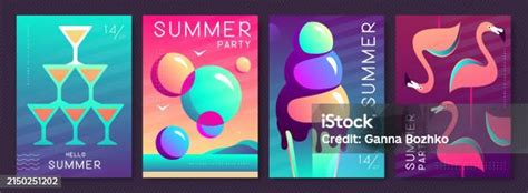 여름 속성을 가진 형광 여름 포스터 세트입니다 칵테일 코스모폴리탄 실루엣 플라밍고 아이스크림 비눗방울 벡터 일러스트 레이 션 개념에 대한 스톡 벡터 아트 및 기타 이미지