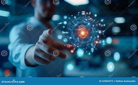 man interacting with digital holographic interface stock illustration