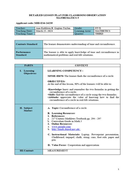 Detailed Lesson Plan For Classroom Observation Math52024 Download