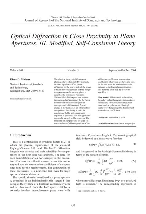 Pdf Optical Diffraction In Close Proximity To Plane Apertures Iii Modified Self Consistent