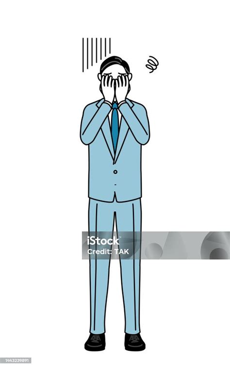 고위 사업가 임원 관리자 및 대통령이 우울증에 얼굴을 가리고 있는 간단한 선 그리기 그림 Shinnyushain에 대한 스톡