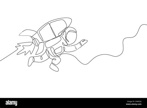 One Continuous Line Drawing Spaceman Astronaut Science Discovering Cosmos Galactic With Rocket