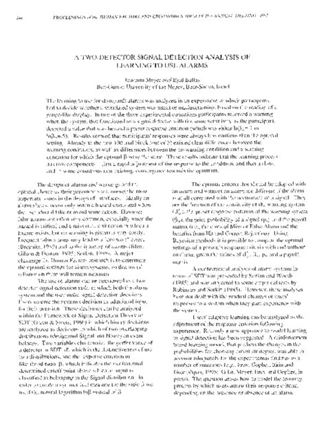 Pdf A Two Detector Signal Detection Analysis Of Learning To Use Alarms