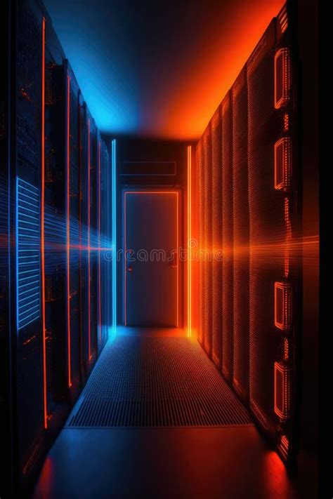 Computer Servers With Orange And Blue Lights In Server Farm Created Using Generative Ai