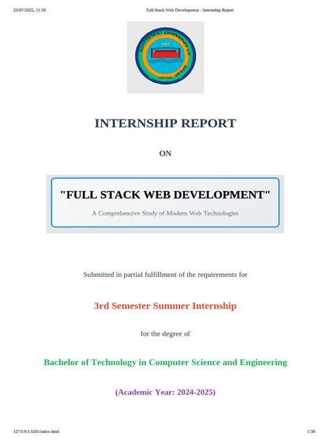 Full Stack Web Development Internship Report Pdf Web Development