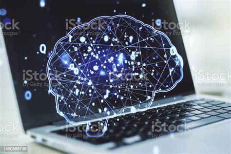 배경에 현대 노트북창조적 인 인공 지능 기호의 이중 노출 신경망 및 기계 학습 개념 0명에 대한 스톡 사진 및 기타 이미지 0명 결심 그래픽 사용자 인터페이스