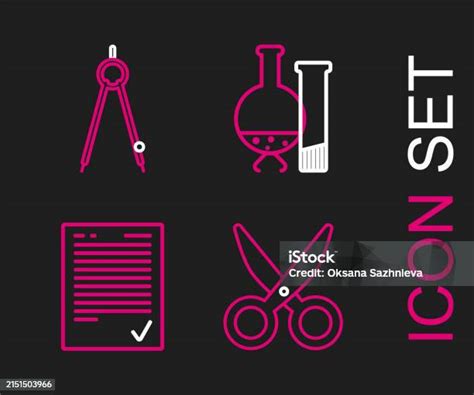 선 가위 체크 표시가있는 시험 시트 시험관 및 플라스크 화학 실험실 테스트 및 그리기 나침반 아이콘을 설정합니다 벡터 가위에 대한 스톡 벡터 아트 및 기타 이미지 Istock