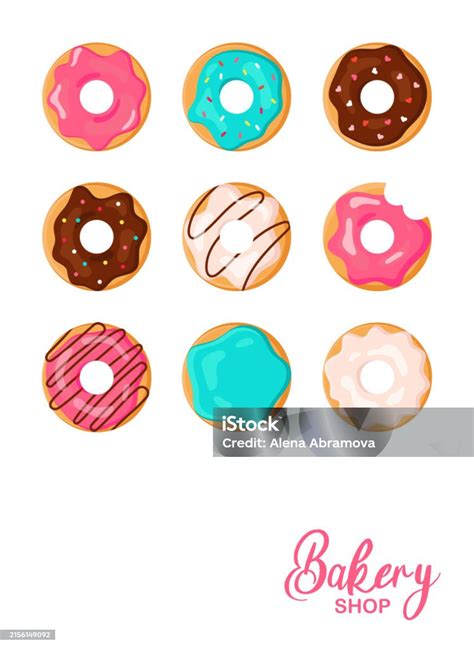 도넛 포스터입니다 도넛 베이커리 가게 초대장 디자인 템플릿 벡터 일러스트 레이 션입니다 케이크 플랫 스타일의 밝은 카드 생일 축하합니다 벡터 일러스트 레이 션 흰색 배경에