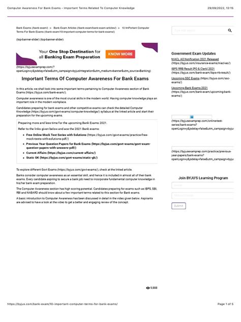 Computer Awareness For Bank Exams Important Terms Related To Computer Knowledge Pdf