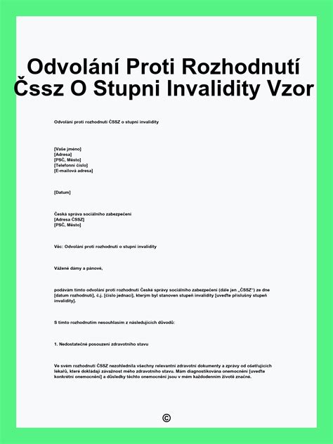 Odvolání Proti Rozhodnutí Čssz O Stupni Invalidity Vzor