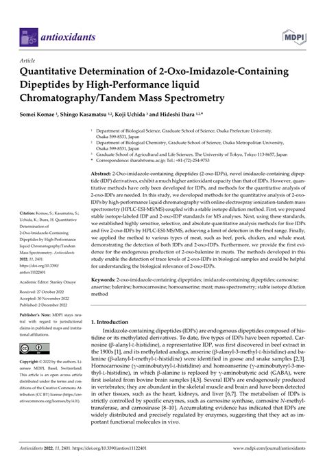 Pdf Quantitative Determination Of 2 Oxo Imidazole Containing Dipeptides By High Performance