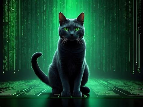 Premium Ai Image A Black Cat With Green Binary Codes