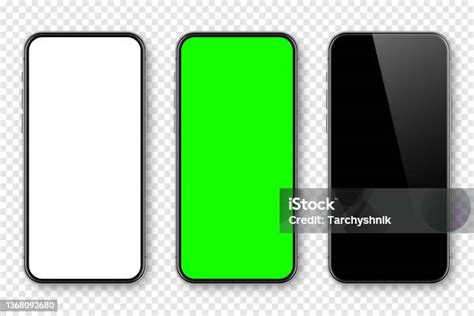 빈 터치 스크린과 녹색 크로마 키 배경과 현실적인 스마트 폰 앞보기에 프레임없는 휴대 전화 고품질 의 상세한 장치 모형 화면 배경 템플릿입니다 벡터 일러스트레이션 3차원