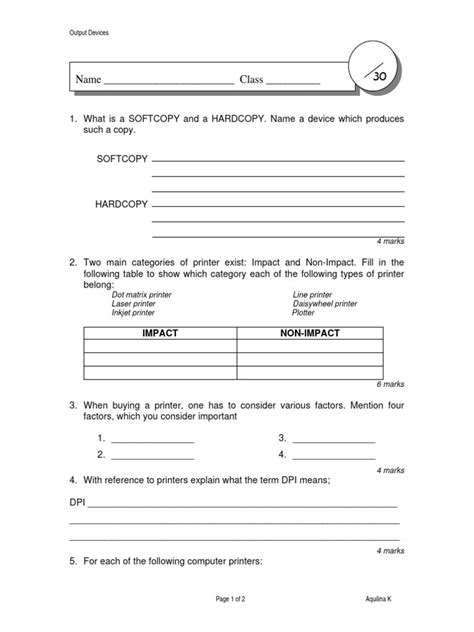 Output Devices Worksheet Pdf Printer Computing Computer Hardware